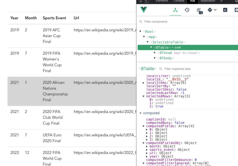 [ Vue.js ] b-table の行選択を可能にし、 選択した行 データ を取得する サンプル コード | Rambling and ...
